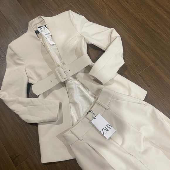 Zara | Pants & Jumpsuits | Zara Cream Belted Pants Suit | Poshmark